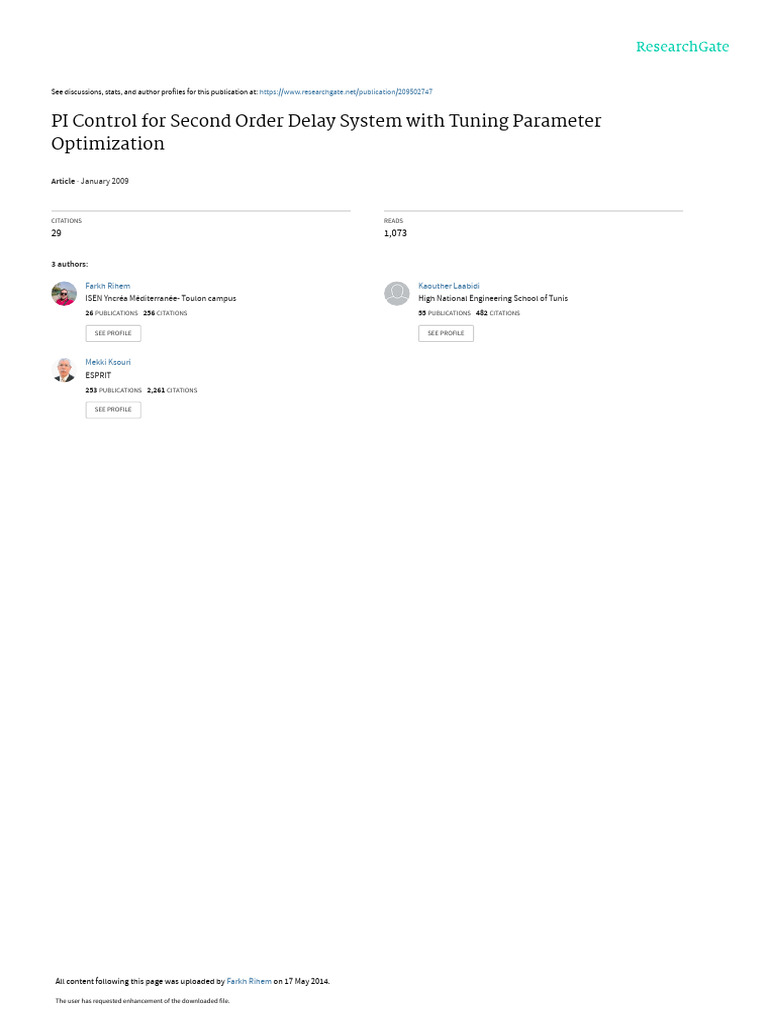 PI Control For Second Order Delay System With Tuning Parameter Optimization | PDF | Control ...