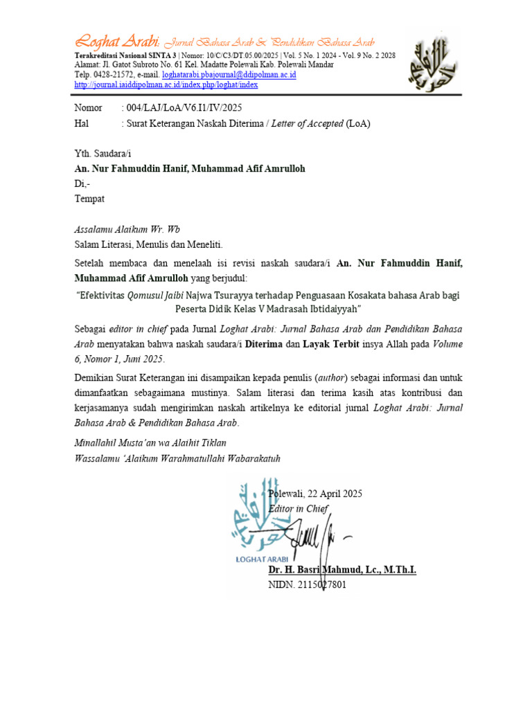Surat LoA Nur Fahmuddin Hanif edisi Juni 2025 | PDF