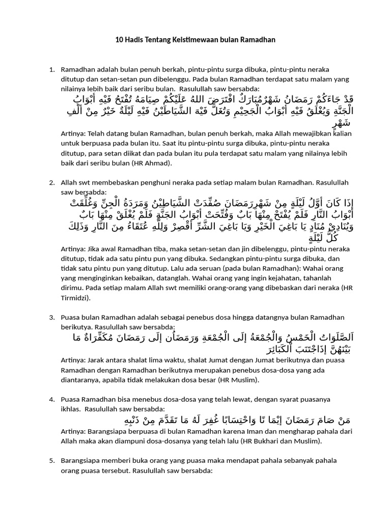 10 Hadis Tentang Keistimewaan Bulan Ramadhan | PDF