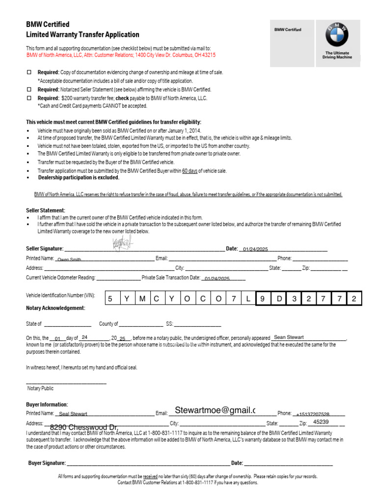 BMW Certified Warranty Transfer Form | PDF