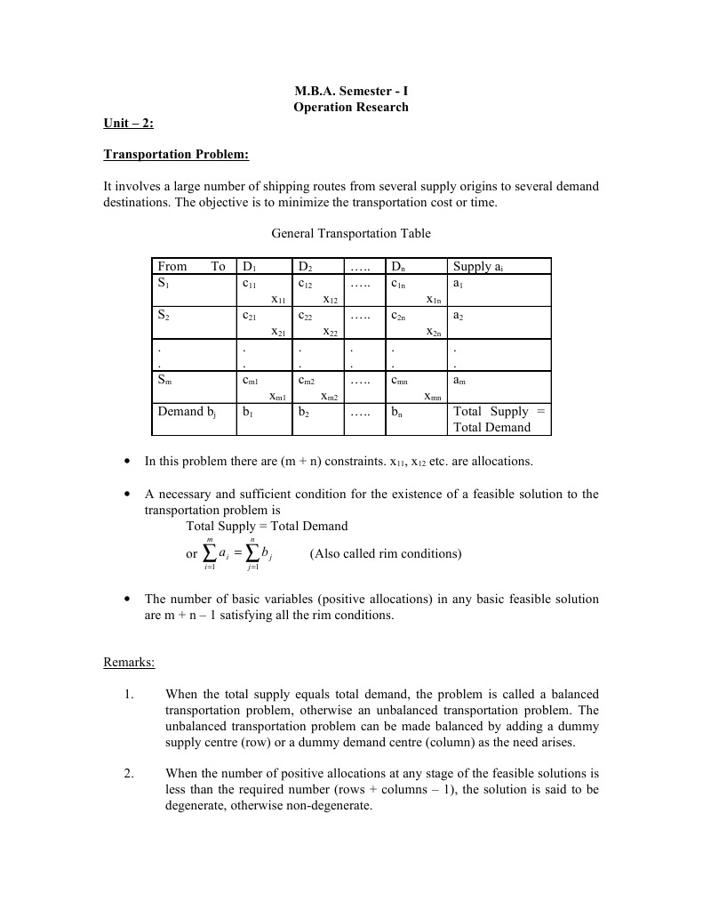 M.B.A. Semester - I Operation Research Unit - 2: Transportation Problem ...