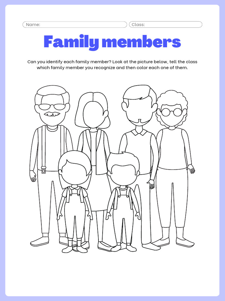 Family Members Coloring Worksheet in Blue Simple Lined Style | PDF