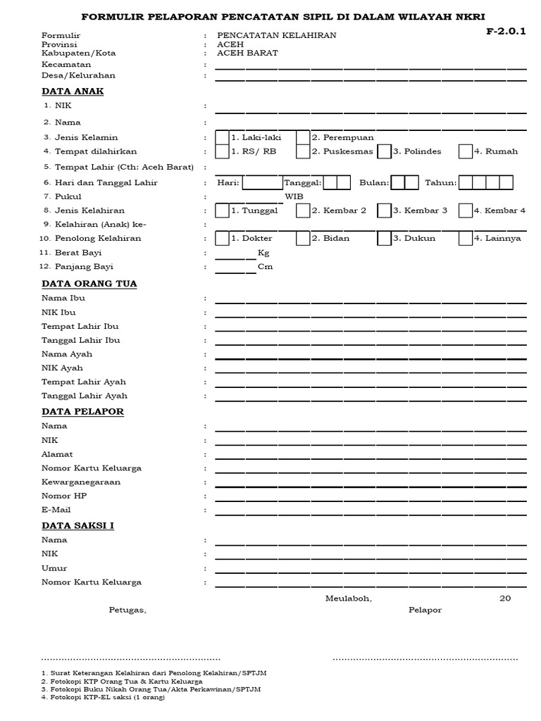 Formulir F2 01 Pelaporan Kelahiran | PDF