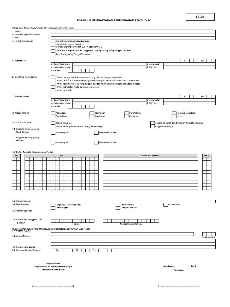 Formulir F1 03 Permohonan Pindah WNI | PDF