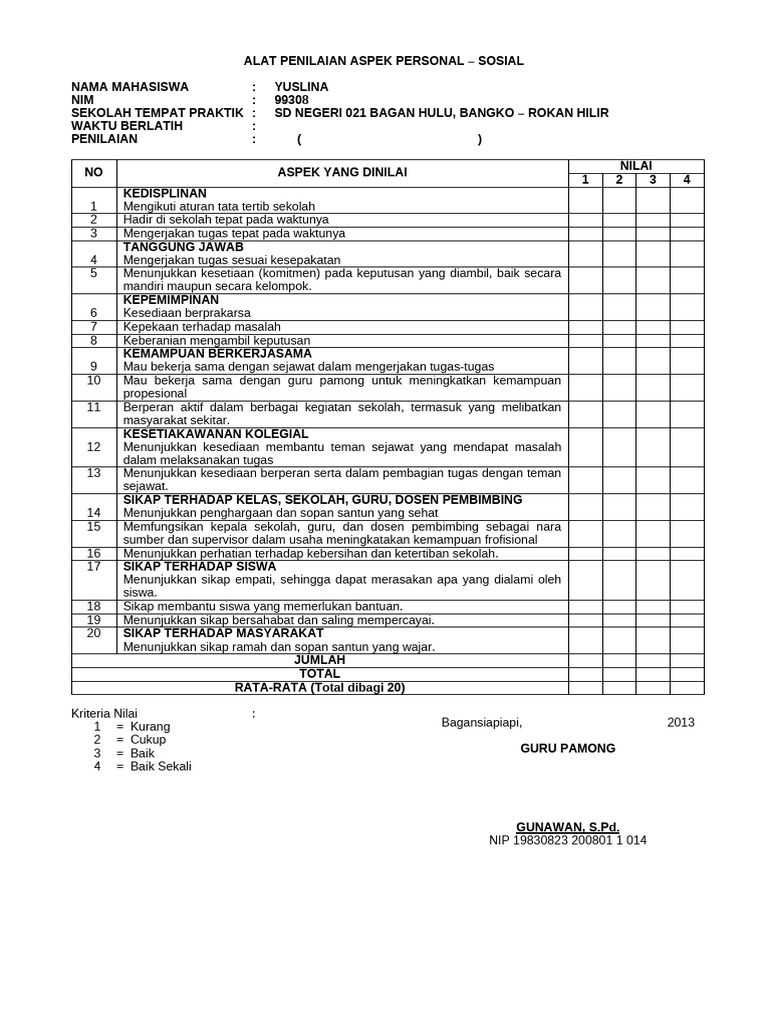 Alat Penilaian Aspek Personal Yuslina | PDF