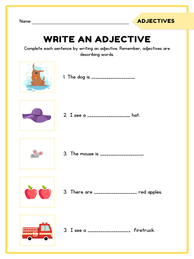 Yellow and White Write An Adjective English Grammar Worksheet | PDF