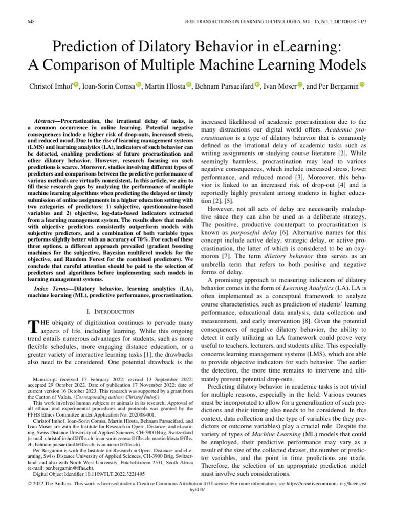 Prediction of Dilatory Behavior in Elearning A Comparison of Multiple ...