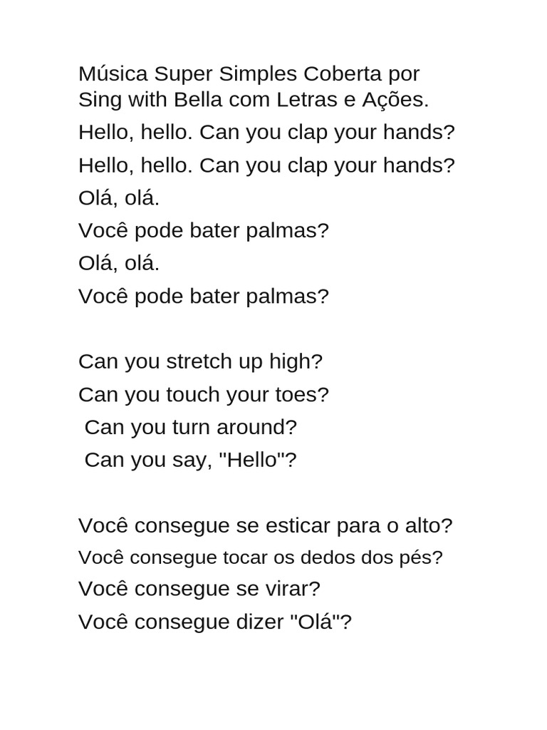 Música Super Simples Coberta Por Sing With Bella Com Letras e Ações | PDF