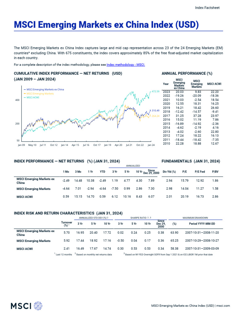 Msci Emerging Markets Ex China Index Usd Net | PDF