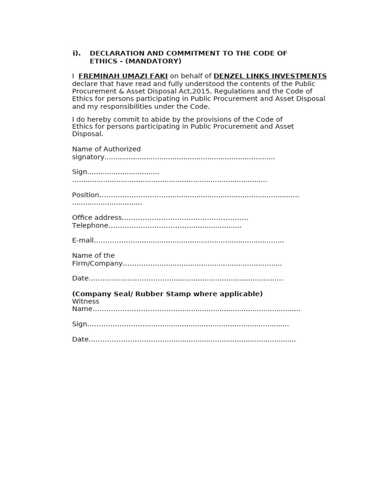 DECLARATION AND COMMITMENT TO THE CODE OF ETHICS | PDF