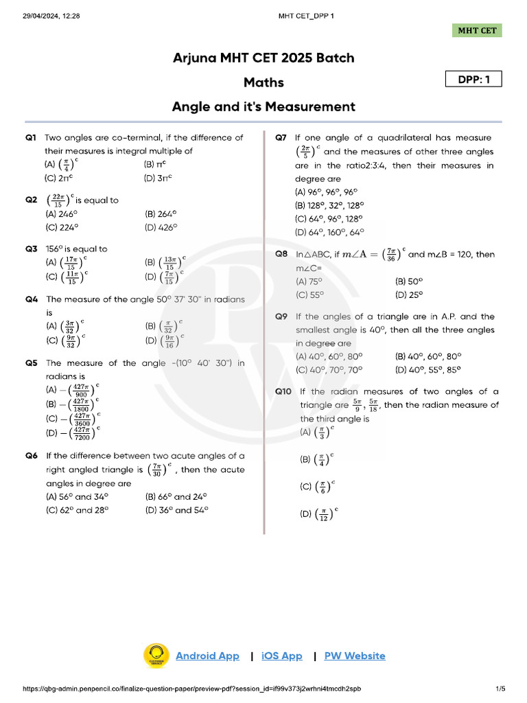 Angle and Its Measurement - DPP 01 - Arjuna MHT CET 2025 | PDF