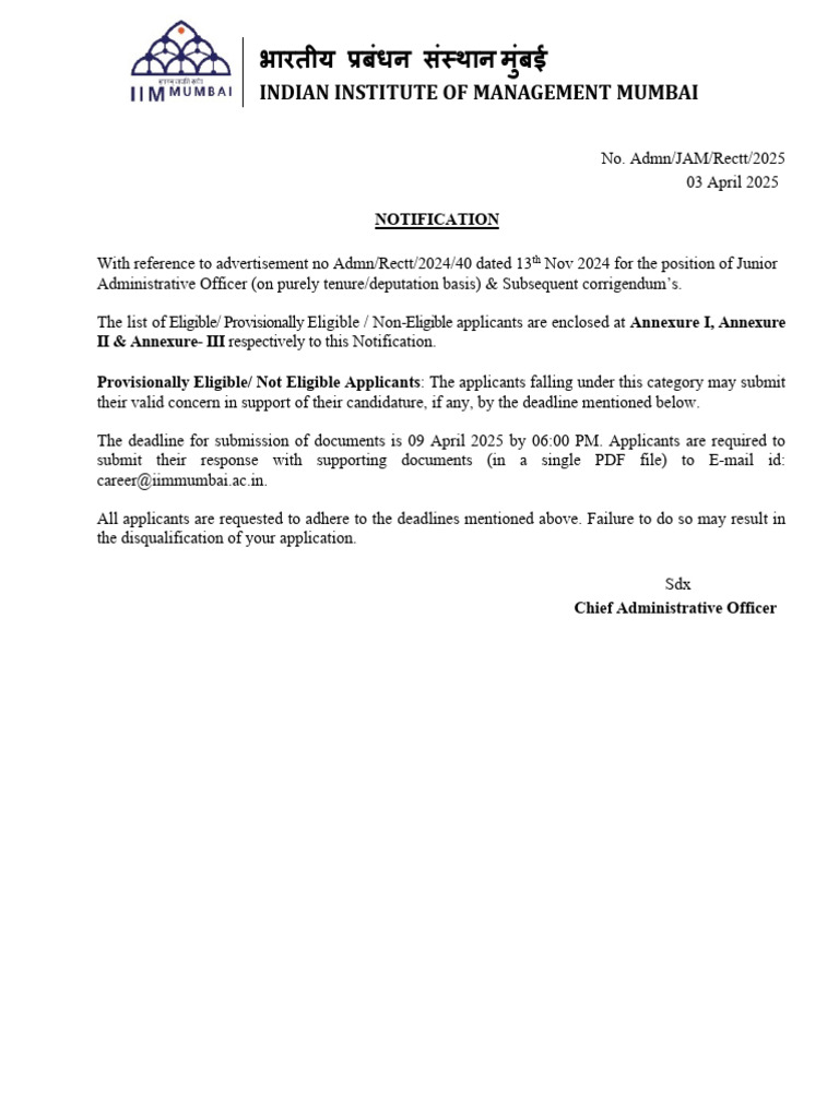 Junior Administrative Officer Notification 1 | PDF