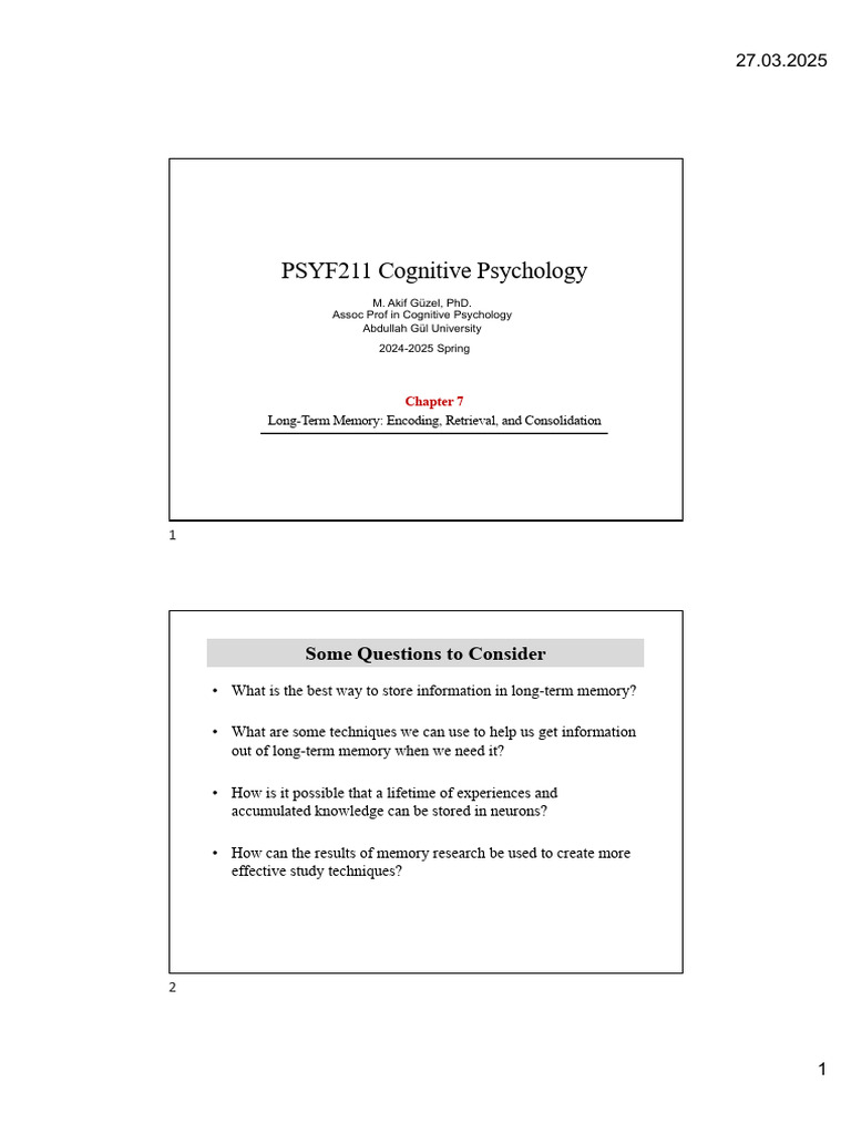 Handout - CHPTR 7 - PSYF211.LTM Encoding Retrieval Consolidation | PDF | Recall (Memory) | Memory