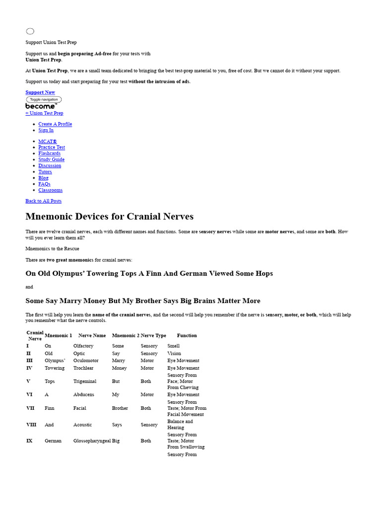 Mnemonic Devices for Cranial Nerves | PDF | Neuroanatomy | Human Head ...
