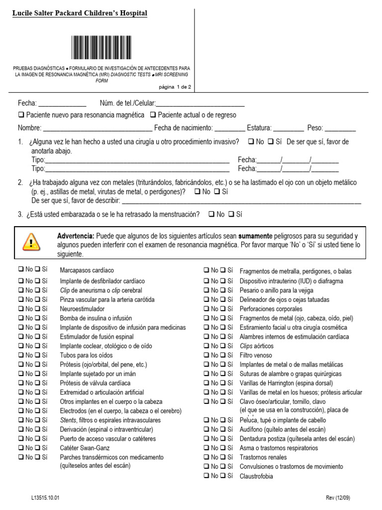 Mri Screening Form Spanish | PDF | Imagen de resonancia magnética ...
