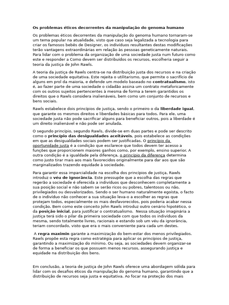 Ética da Manipulação Genômica e Justiça | PDF | John Rawls | Justiça