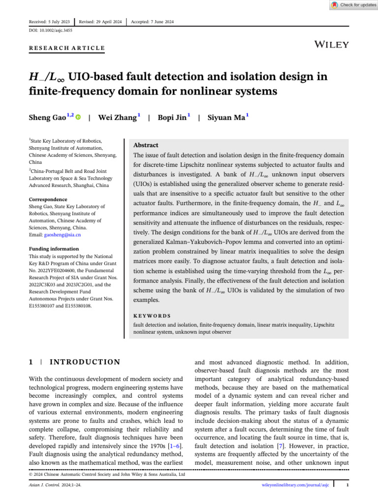 H L UIO Based Fault Detection and Isolation Design in Finite Frequency Domain For | PDF | Matrix ...
