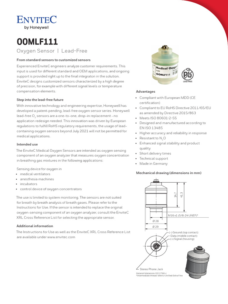 Honeywell - OOMLF111 0 Oxygen Sensor - Datasheet | PDF | Sensor | Oxygen