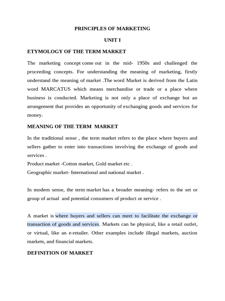 Principles of Marketing Unit I | PDF | Marketing | Market (Economics)