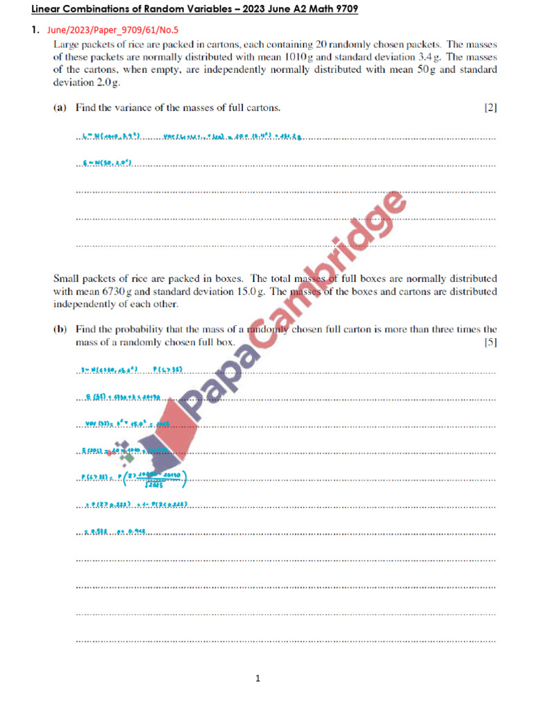 2023J Linear Combinations of Random Variables A2 Math 9709 | PDF