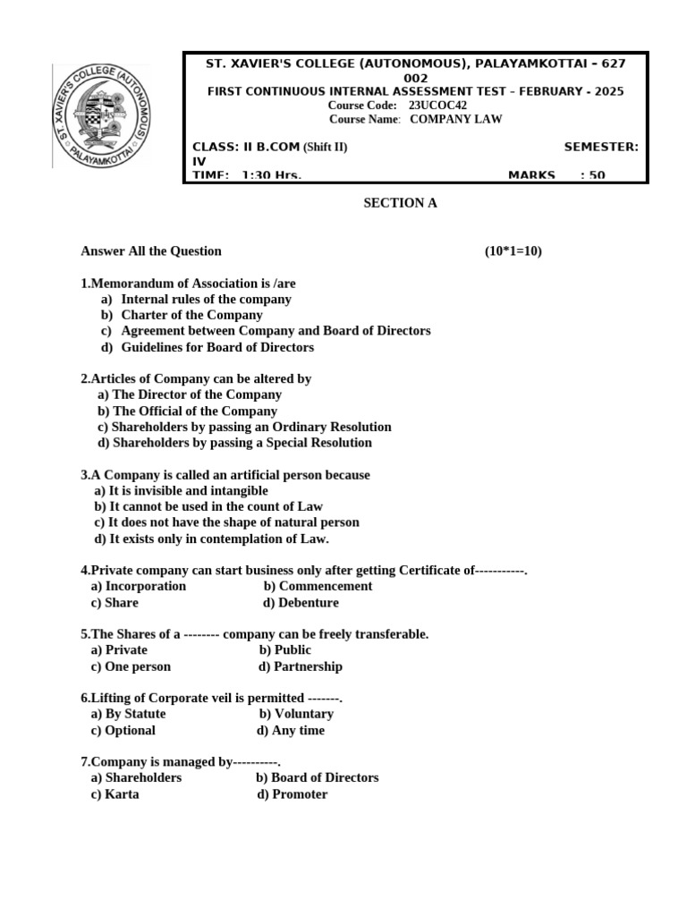 Company Law Assessment Questions | PDF | Preferred Stock | Board Of Directors