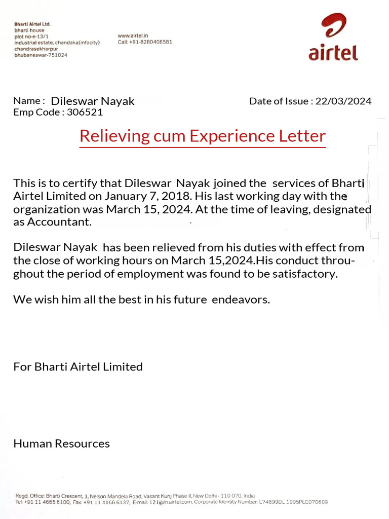 Dilleswar Nayak Experience Certificate | PDF