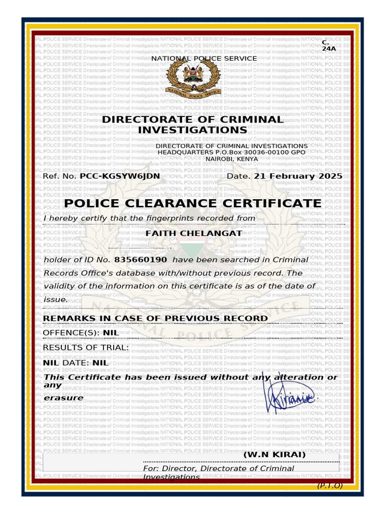 Police Clearance Certificate for Faith Chelangat | PDF