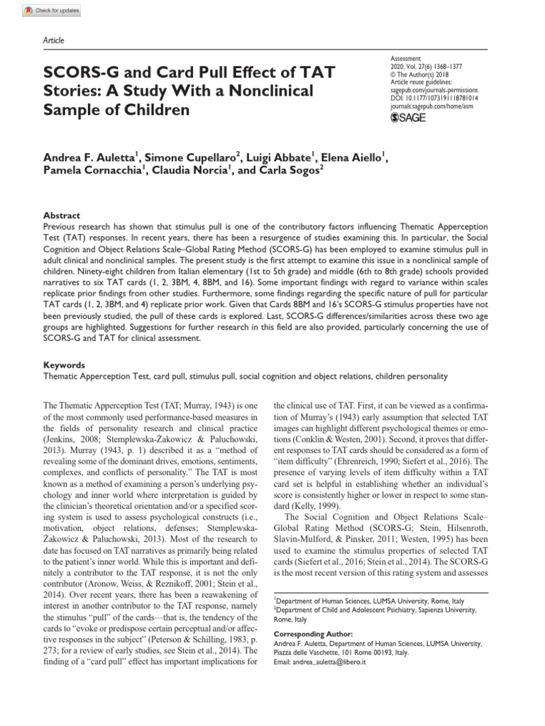 Auletta Et Al 2018 Scors G and Card Pull Effect of Tat Stories A Study ...