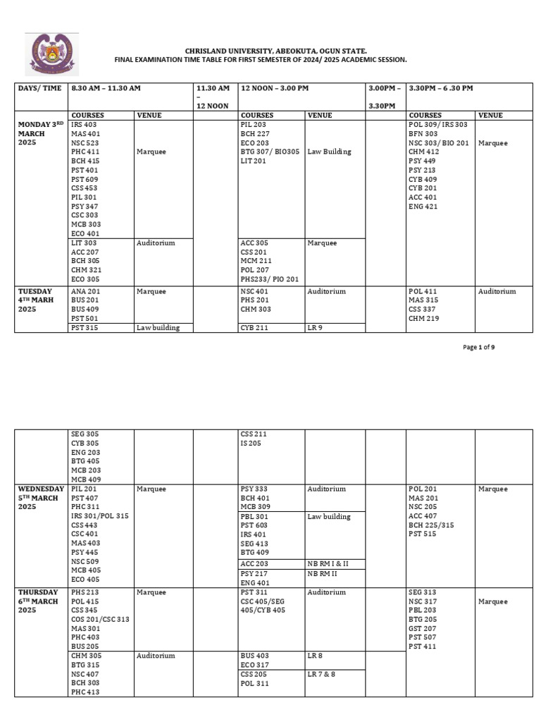 Final 1ST Semester Examination Timetable 2024-2025 Academic Session | PDF