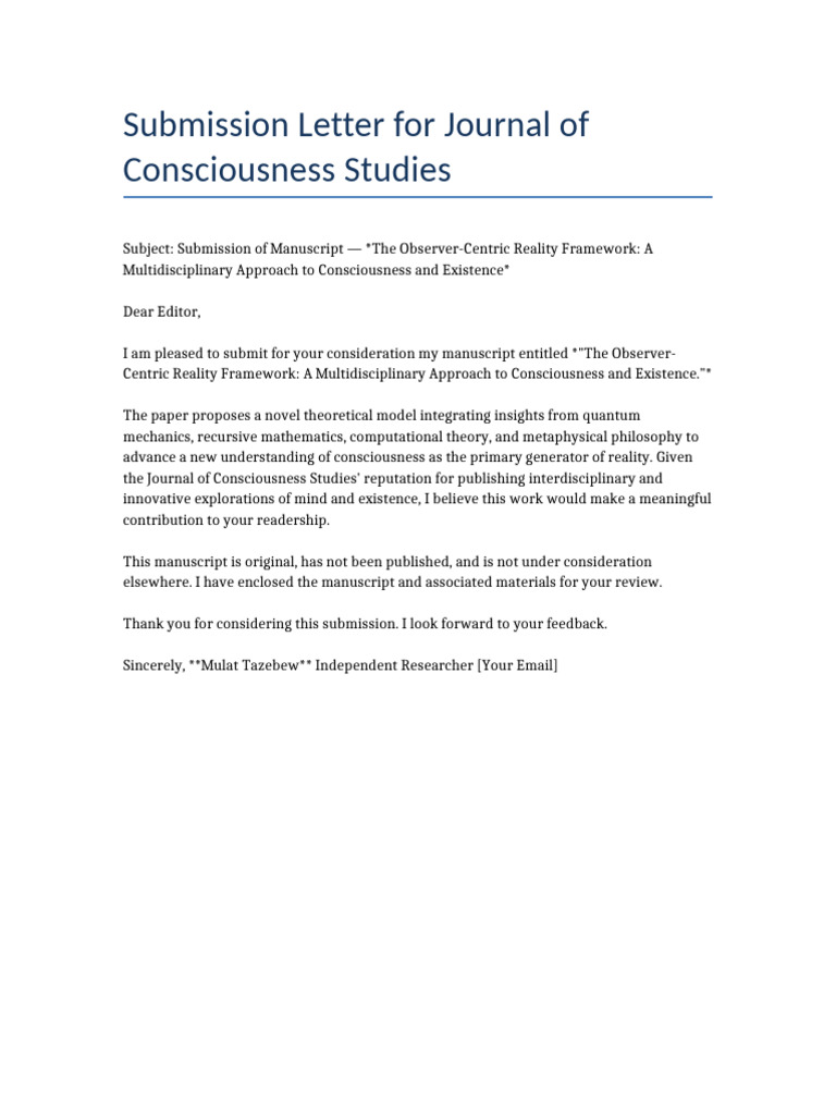 Journal of Consciousness Studies - Submission - Letter | PDF