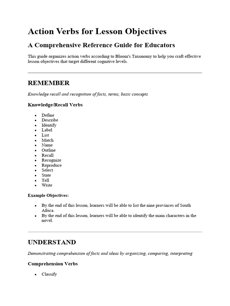 Action Verb Reference Guide For Lesson Objectives | PDF | Learning ...