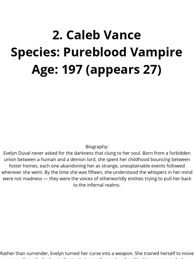 2. Caleb Vance Species Pureblood Vampire Age 197 (Appears 27).PDF | PDF