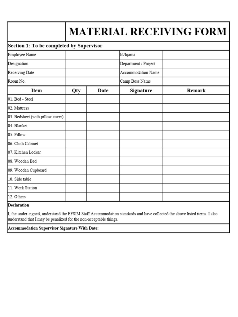 Material Receiving Form for Accommodation | PDF