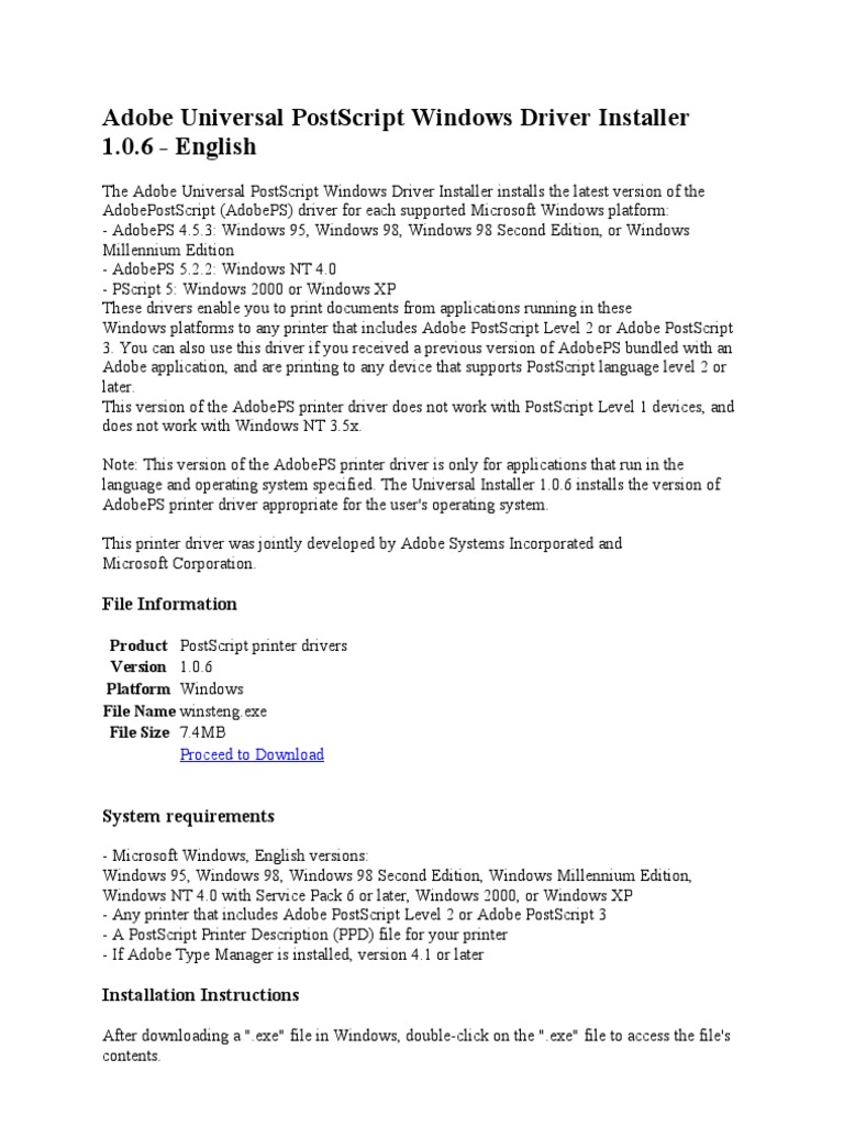 Adobe Universal Postscript Windows Driver Installer 1 | PDF | Microsoft ...