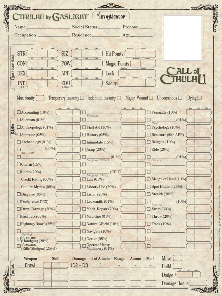CoC Gaslight PC Sheets COLOR Form Fillable | PDF