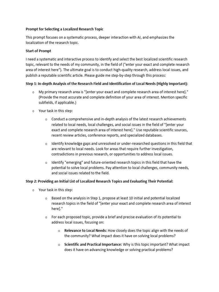 Prompt for Selecting a Localized Research Topic | PDF | Scientific Method | Learning