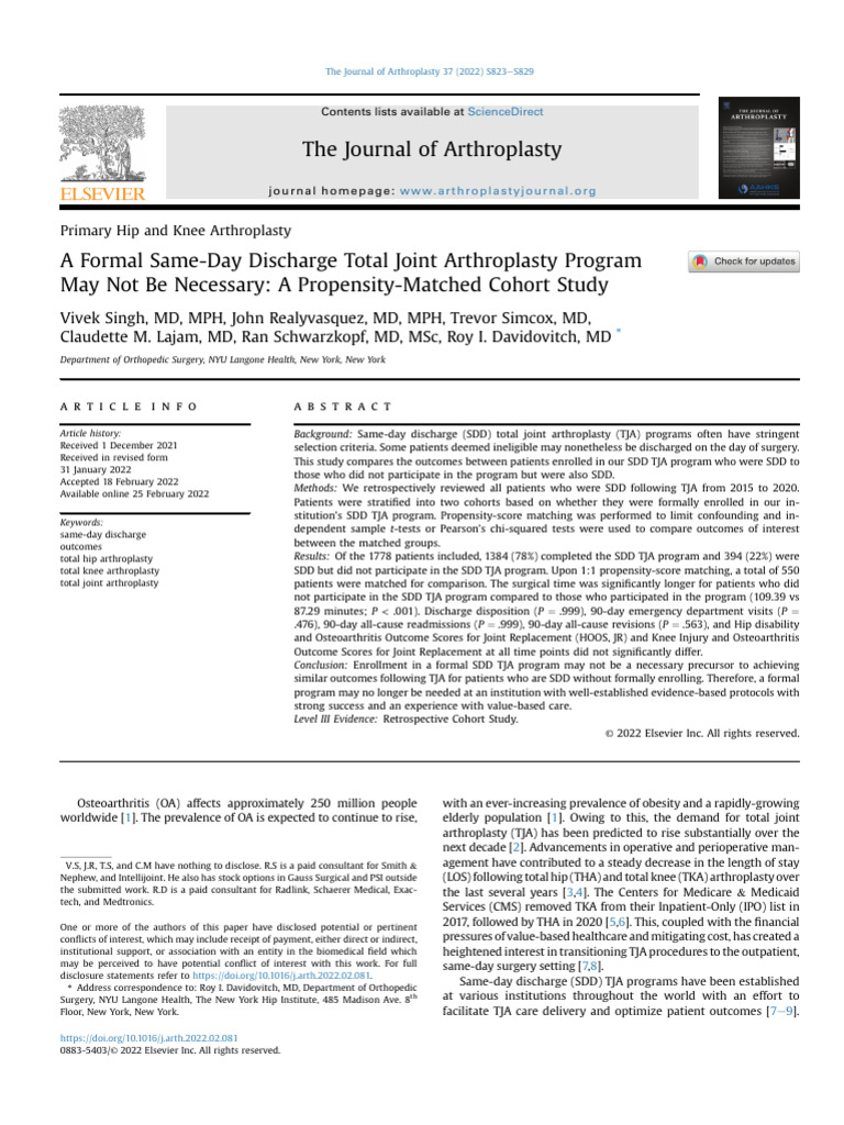 A Formal Same Day Discharge Total Joint Arthroplas | PDF | Patient ...