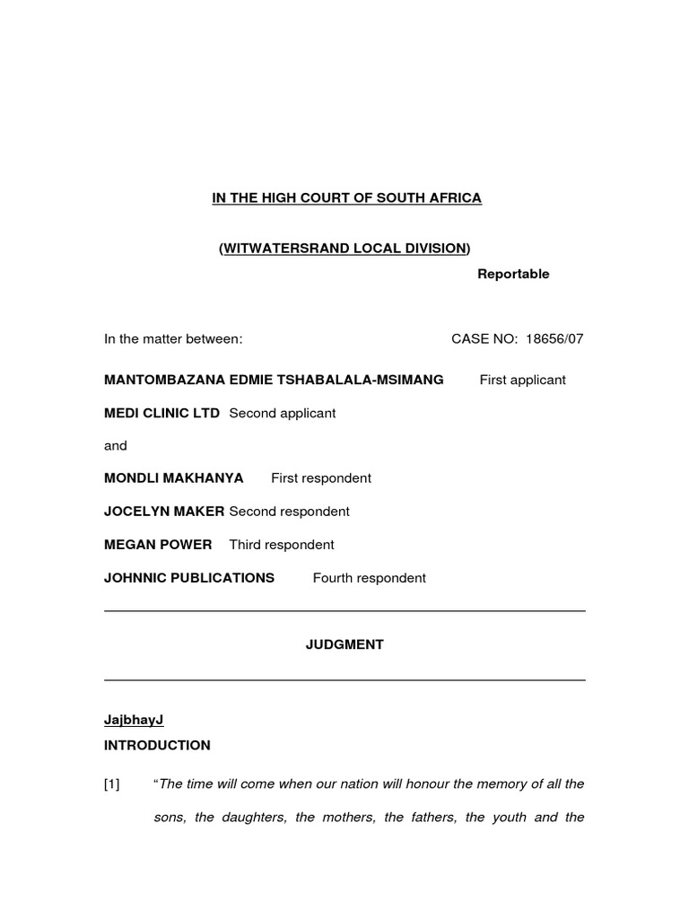 Tshabalala-Msimang and Another V Makhanya and Others 2008 (6) SA 102 (W ...