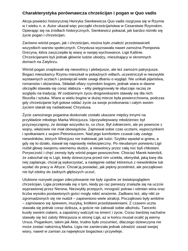 Charakterystyka Porównawcza Chrześcijan I Pogan W Quo Vadis | PDF