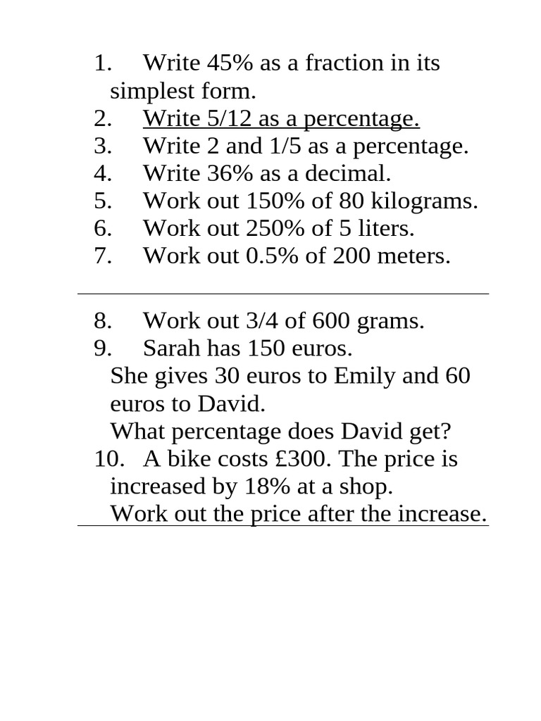 Unit 10 - Grade 6 Revision Percentage Unit Test | PDF