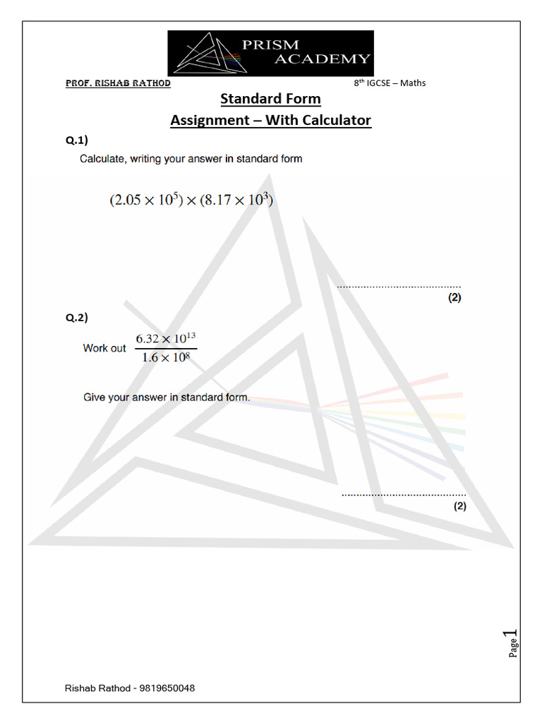 IGCSE Maths Standard Form Assignment | PDF