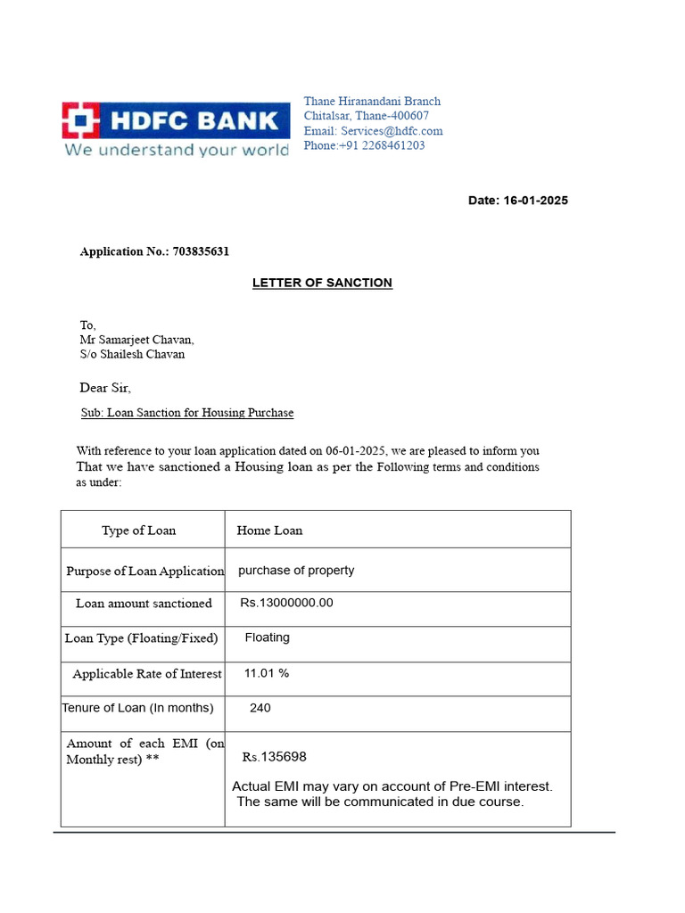 HDFC Loan Sanction Letter | PDF | Loans | Interest