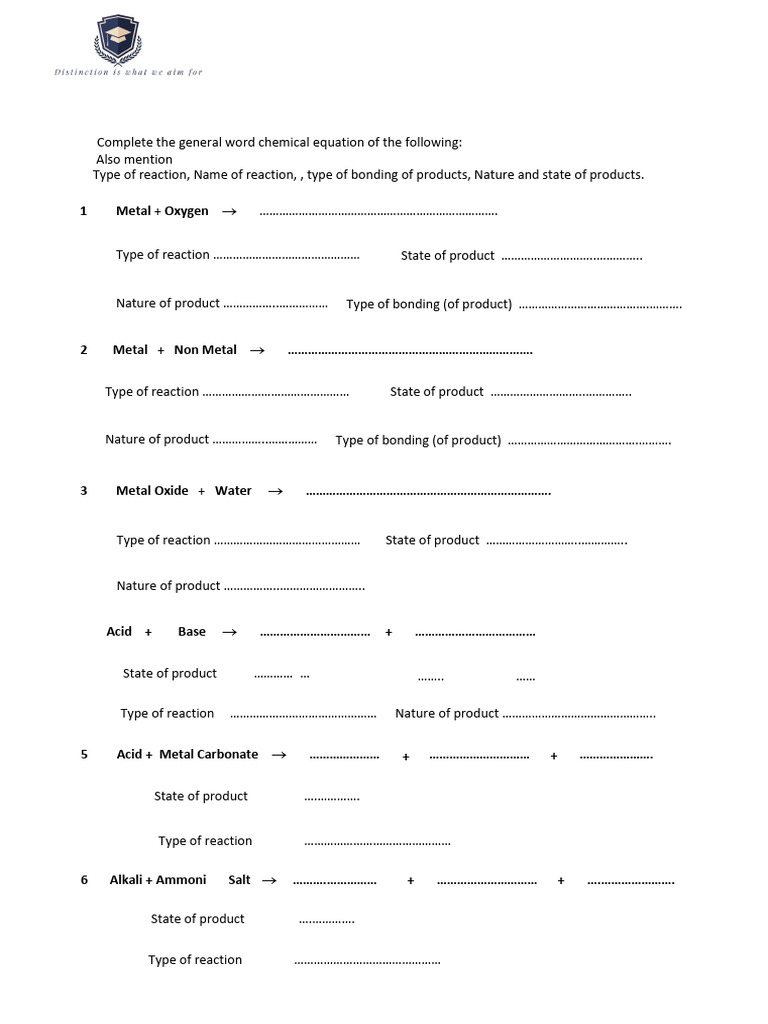 OL Chemistry Basic Chemical Reactions Test | PDF | Chemical Reactions ...