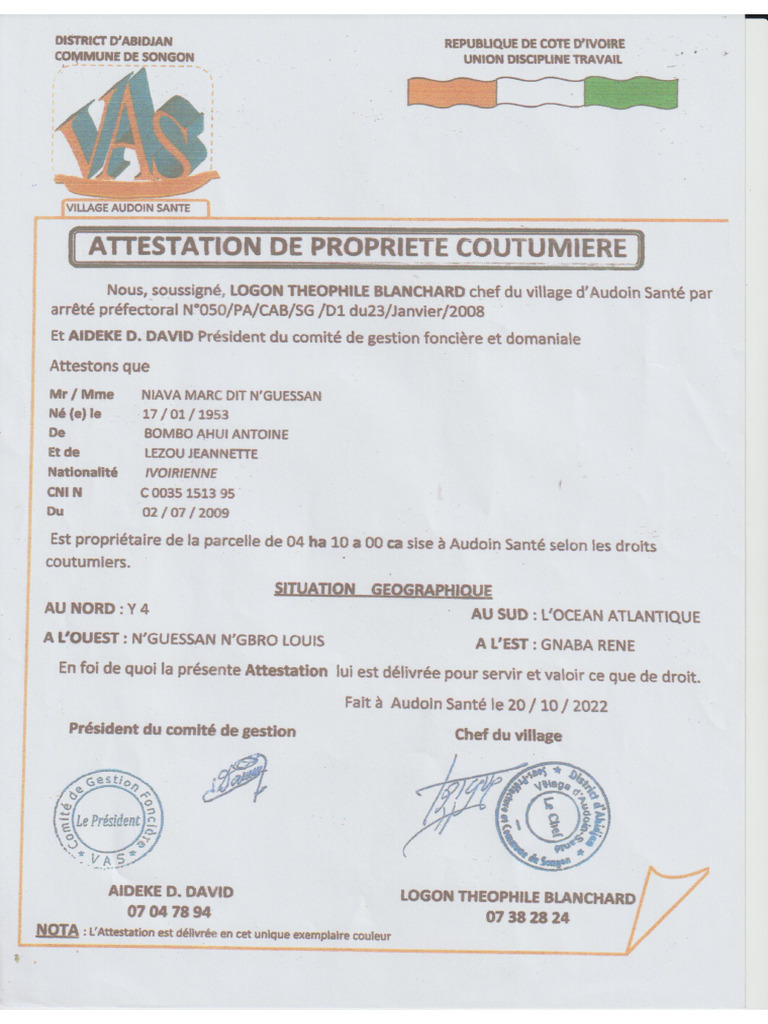 Attestation Coutumière Abreby | PDF