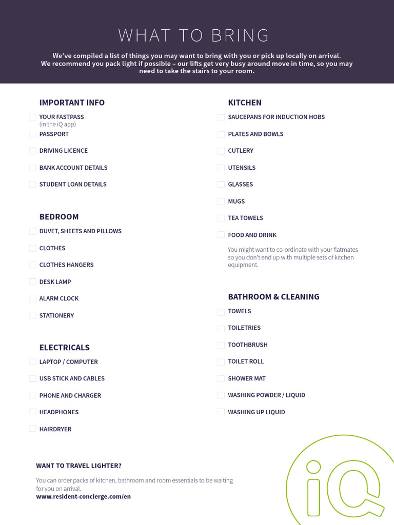 Essential Packing Checklist for iQ Residents | PDF