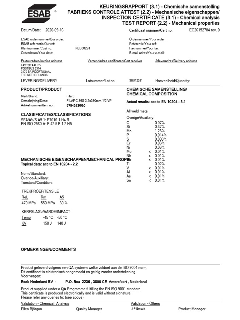 Weldingrod certificate 56S - 3,2 mm SBU12261 | PDF
