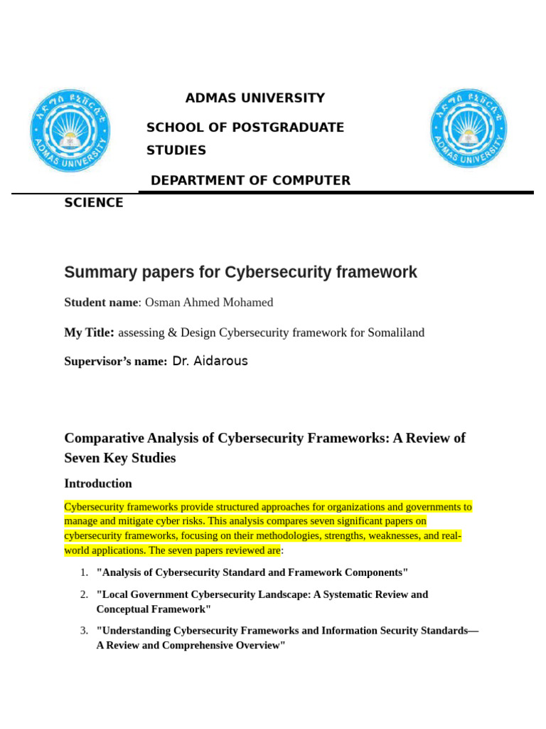 Comparative Analysis of Cybersecurity Frameworks | PDF | Computer ...
