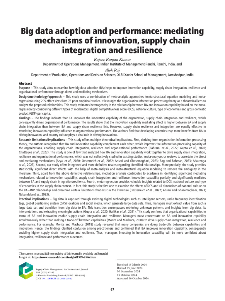 Big Data Adoption and Performance: Mediating Mechanisms of Innovation ...