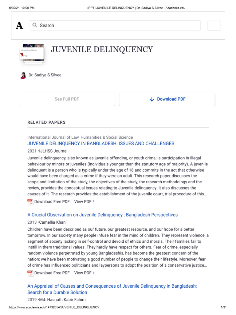 (PPT) JUVENILE DELINQUENCY _ Dr. Sadiya S Silvee - Academia.edu | PDF | Juvenile Delinquency ...