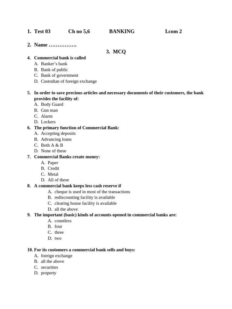 Commercial Banking MCQs and Q&A Guide | PDF
